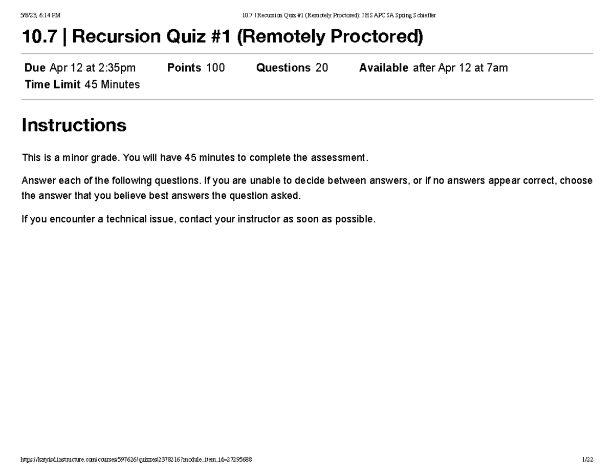 10 7 Recursion Quiz 1 Remotely Proctored Jhs Apcsa Spring Schieffer 10 Recursion Quiz 1