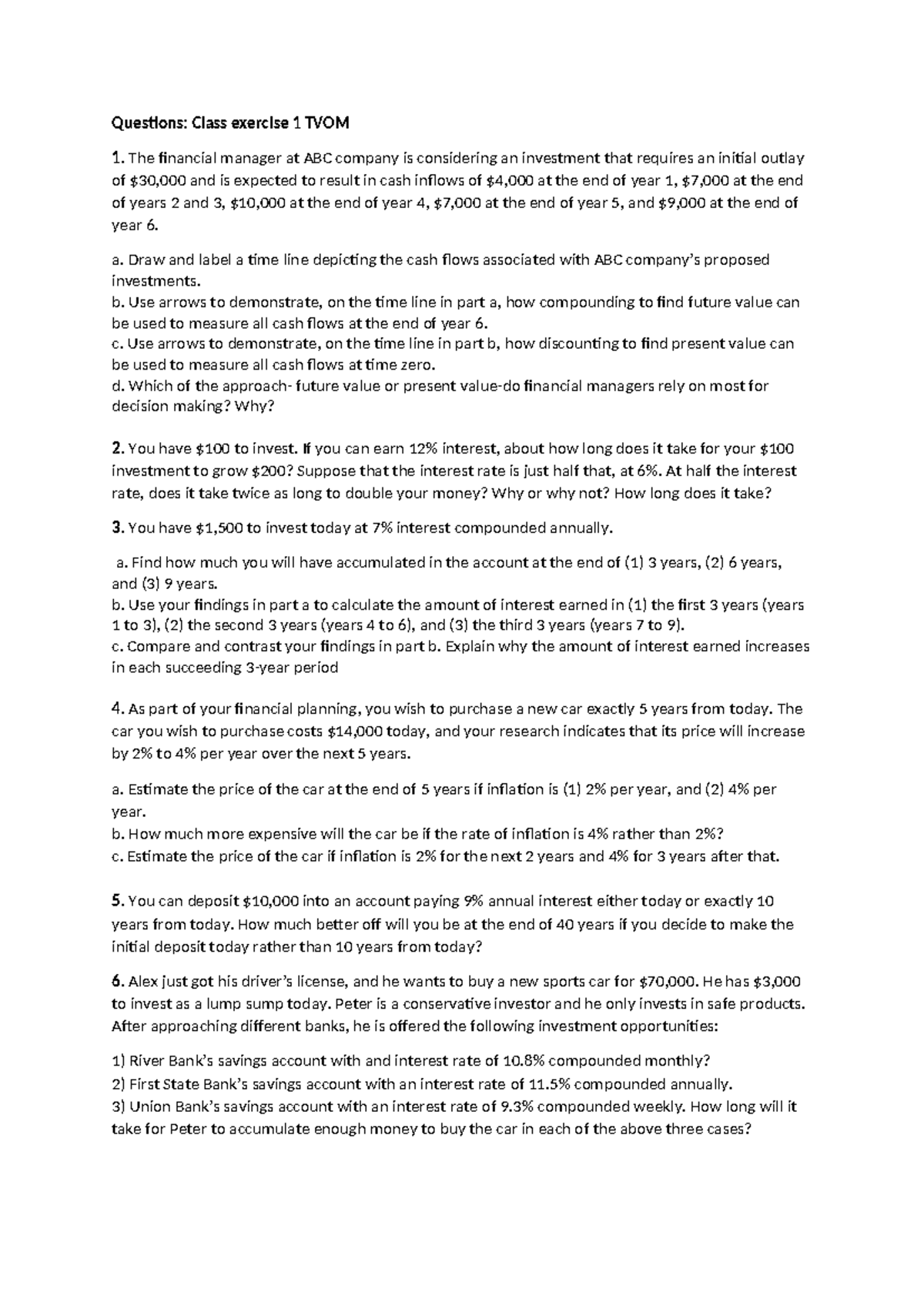 05 TVOM Exercise - TIME VALUE OF MONEY - Questions: Class exercise 1 ...