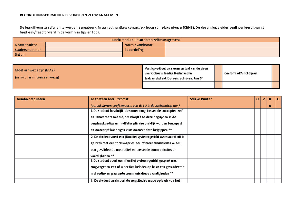 Rubric Bevorderen Zelfmanagement 2021-2022 - BEOORDELINGSFORMULIER ...