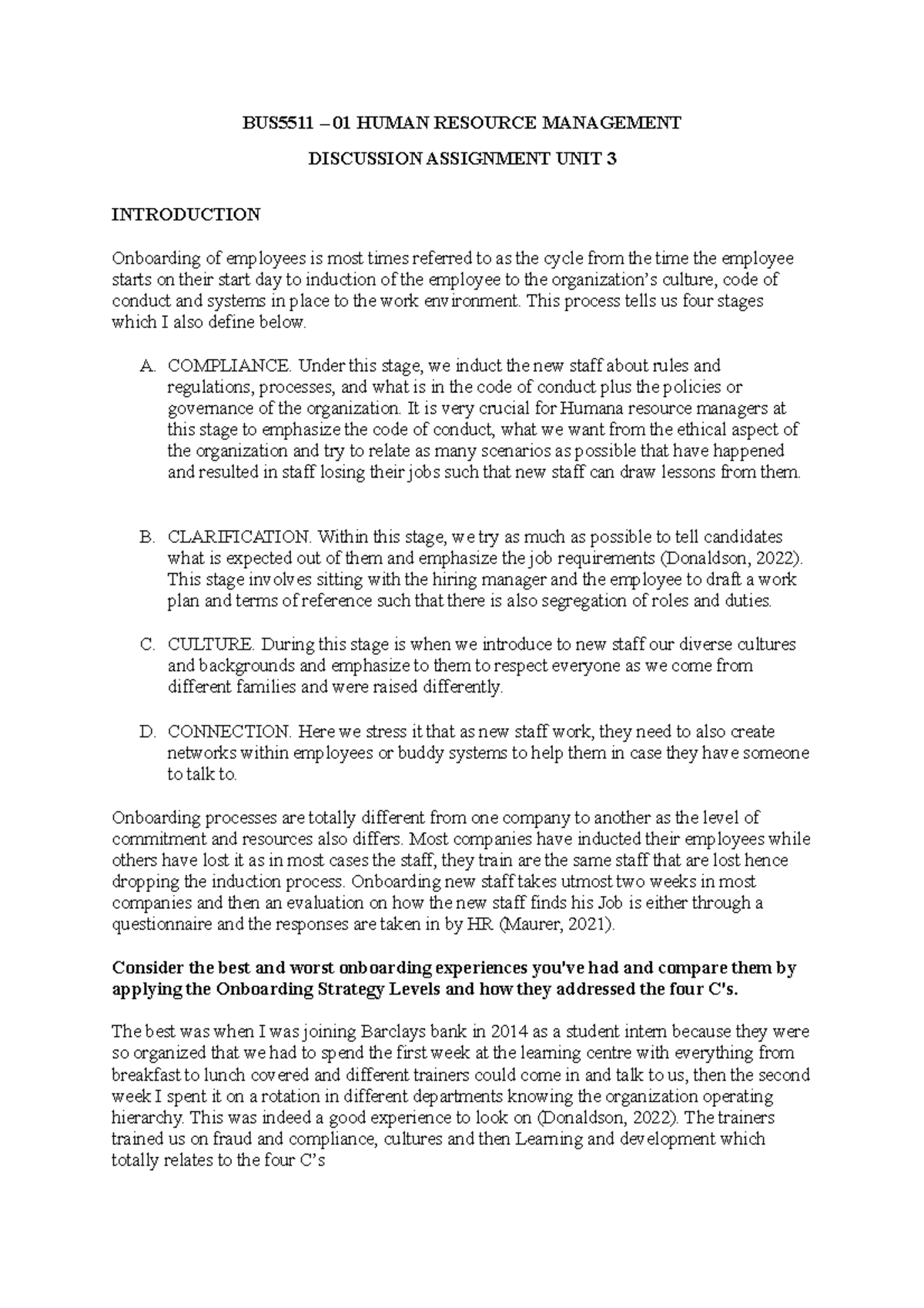 BUS5511 Discussion Assignment UNIT 3 - BUS5511 – 01 HUMAN RESOURCE MANAGEMENT DISCUSSION ...