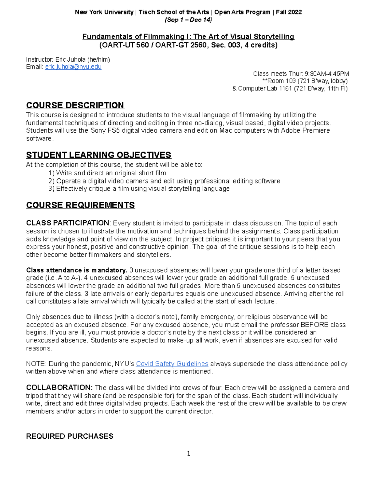 Syllabus - Fundamentals of Filmmaking I - Fall 2022 - (Sep 1 – Dec 14 ...