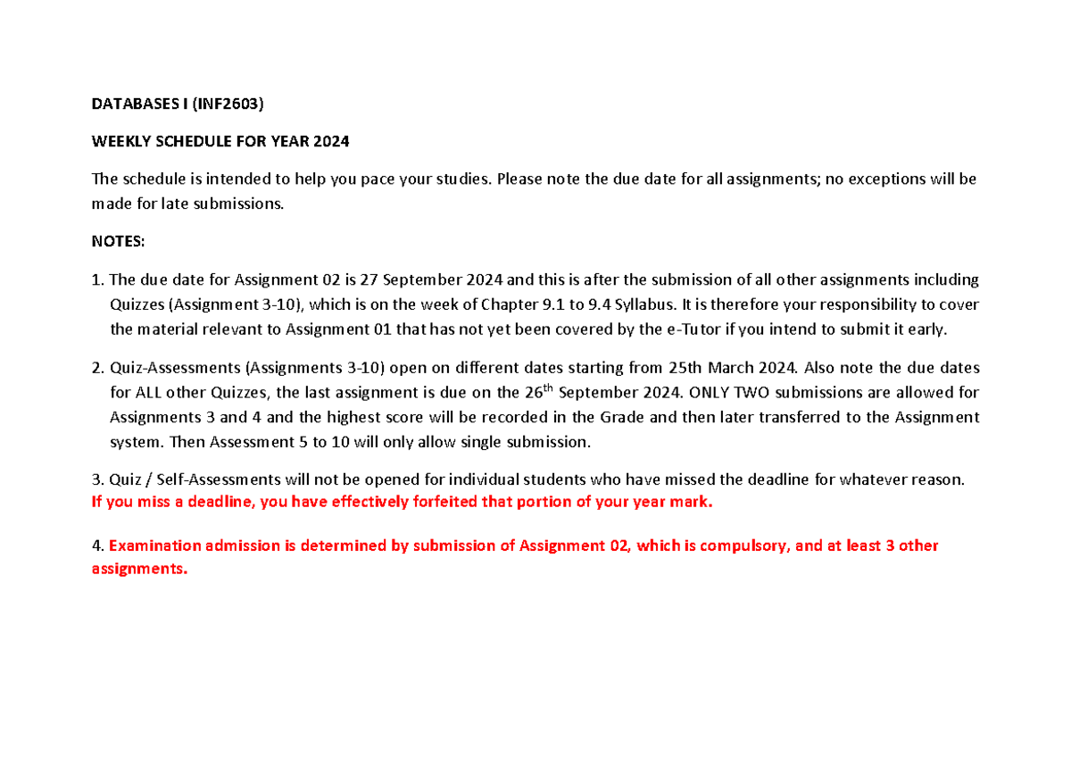 Weekly Schedule 2024 - Summary Databases 1 - DATABASES I (INF2603) WEEKLY SCHEDULE FOR YEAR 2024 ...