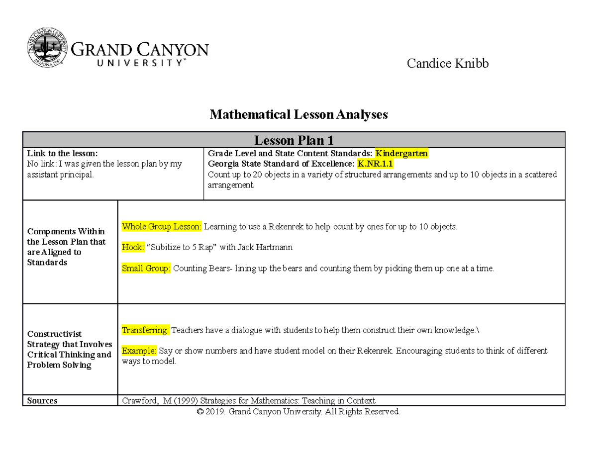 ELM-470 Lesson Plan Analysis - Candice Knibb Mathematical Lesson ...