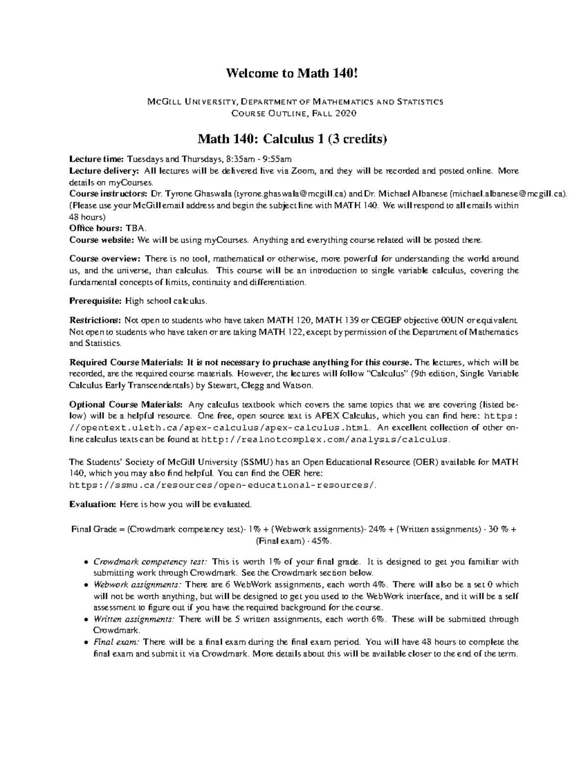 Math140 Syllabus Fall 2020 Welcome To Math 140 Mcgilluniversity Department Ofmathematics 