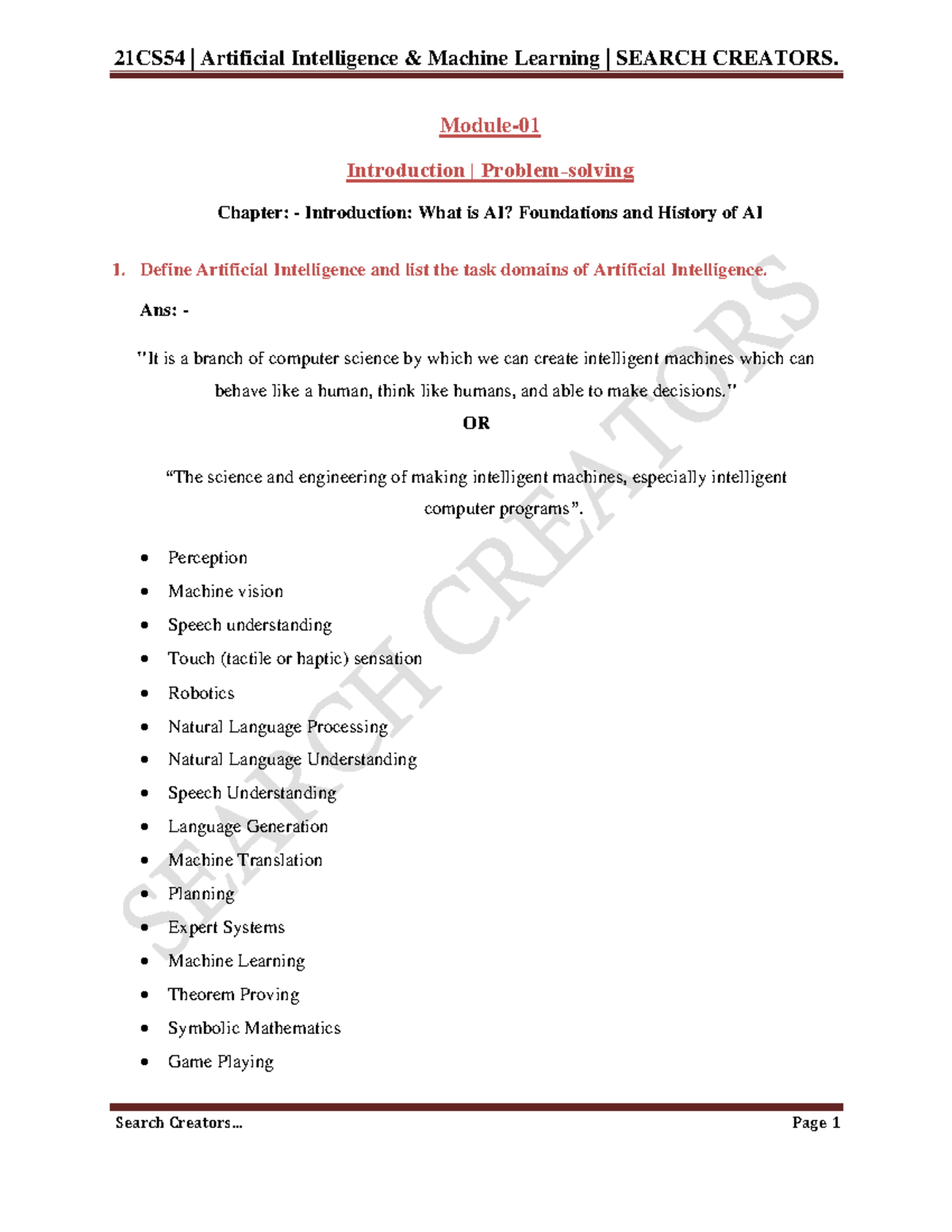 Module-01 AIML Search Creators Hanumanthu - Module- 01 Introduction | Problem‐solving Chapter ...