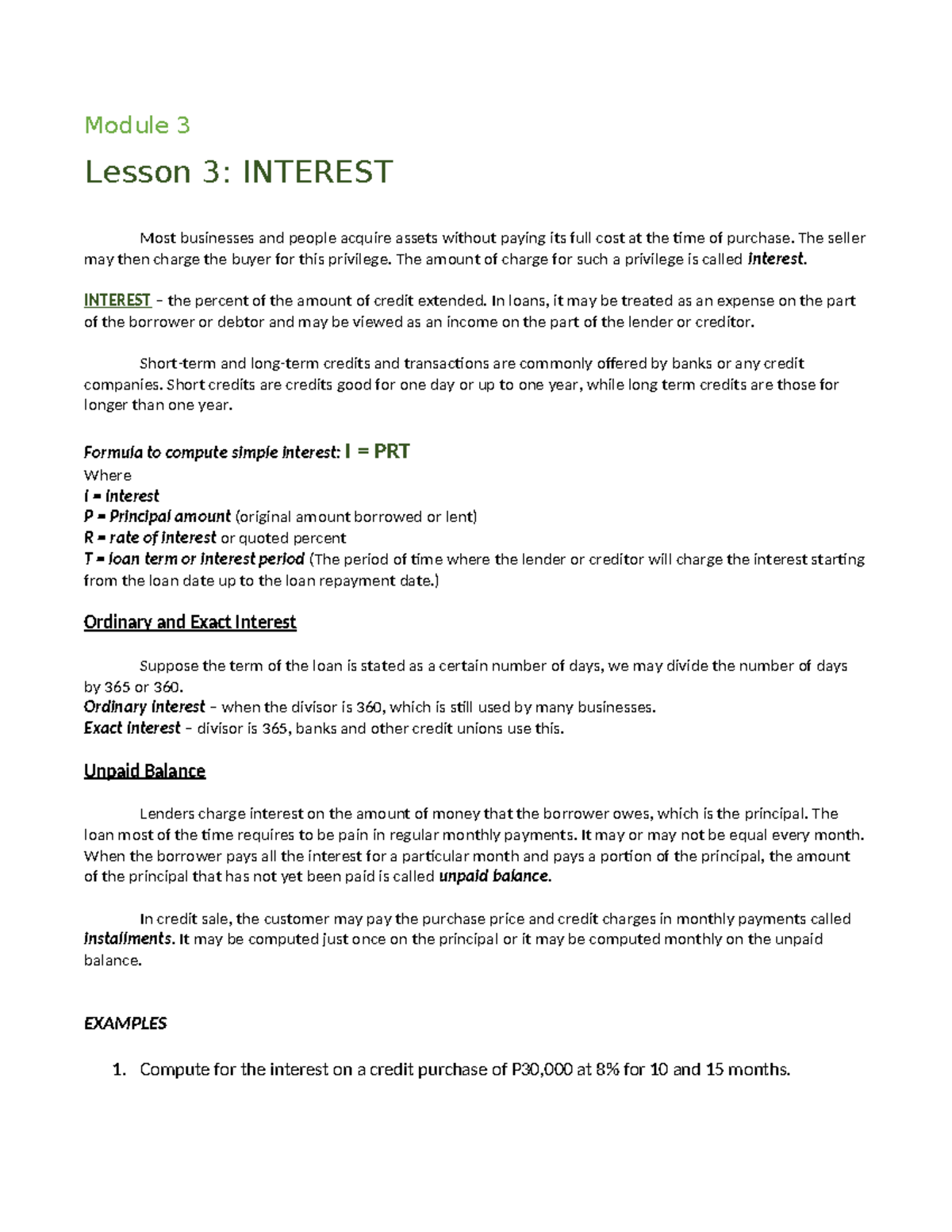 Lesson 3 - Interest - Module 3 Lesson 3: INTEREST Most businesses and ...