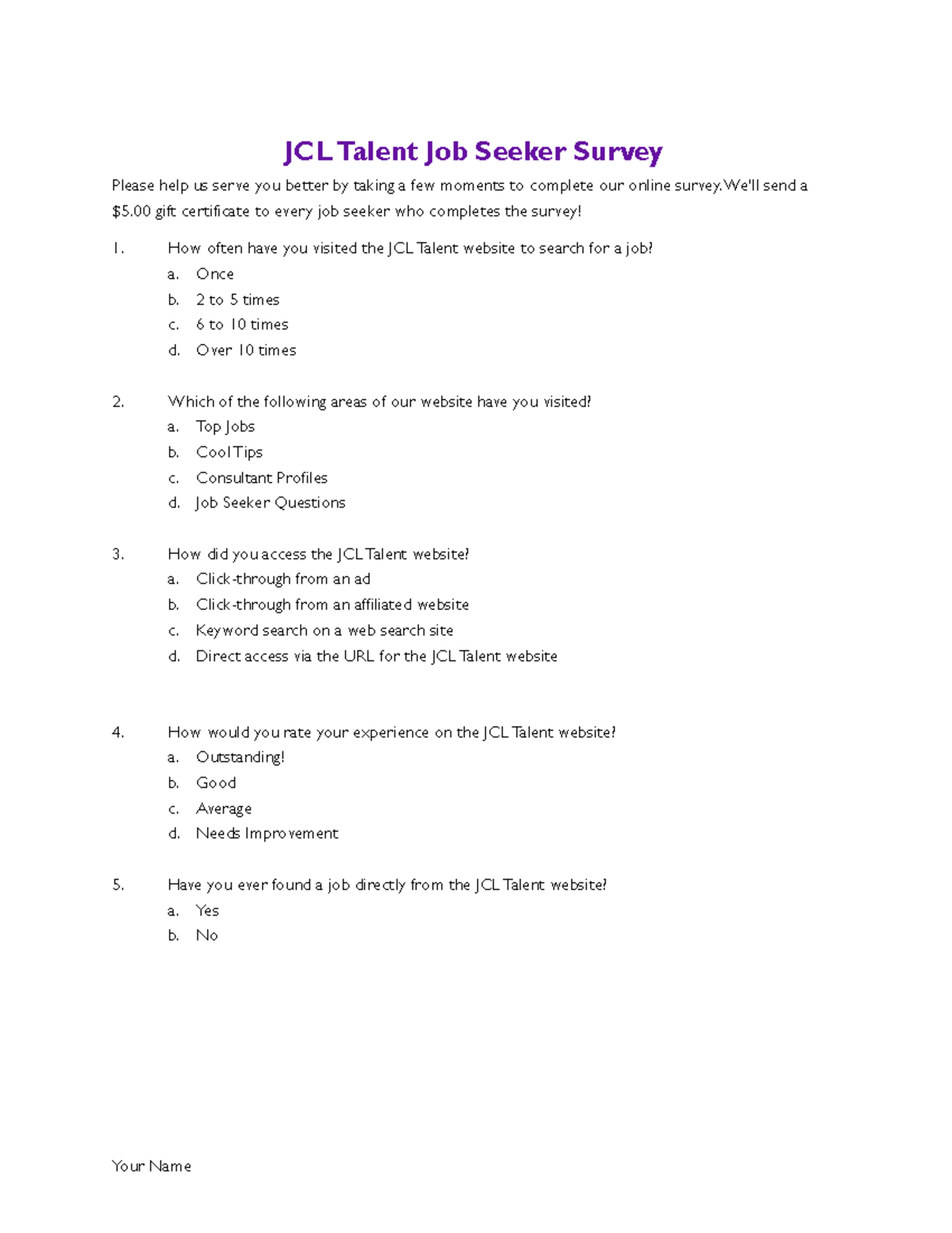 IL WD 8 Online Survey VP - JCL Talent Job Seeker Survey Please help us ...