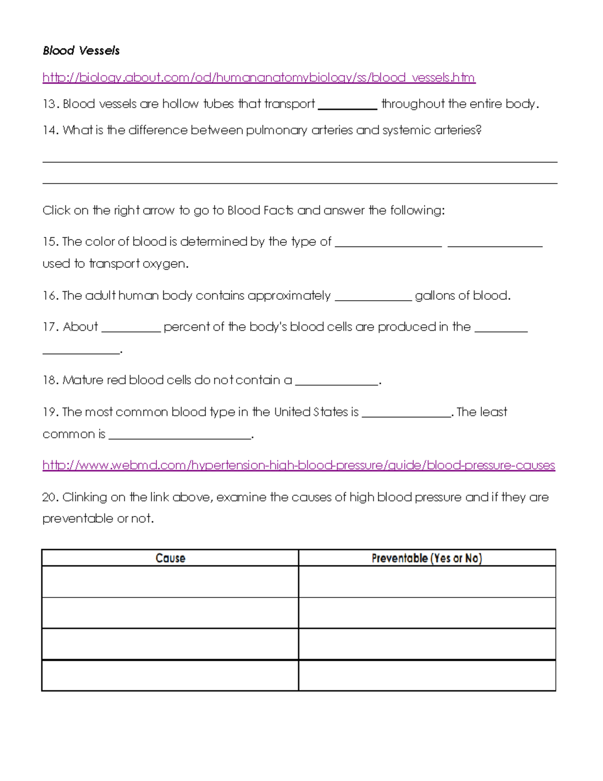 Blood and Circulation Intro Webquest - Blood Vessels - Studocu