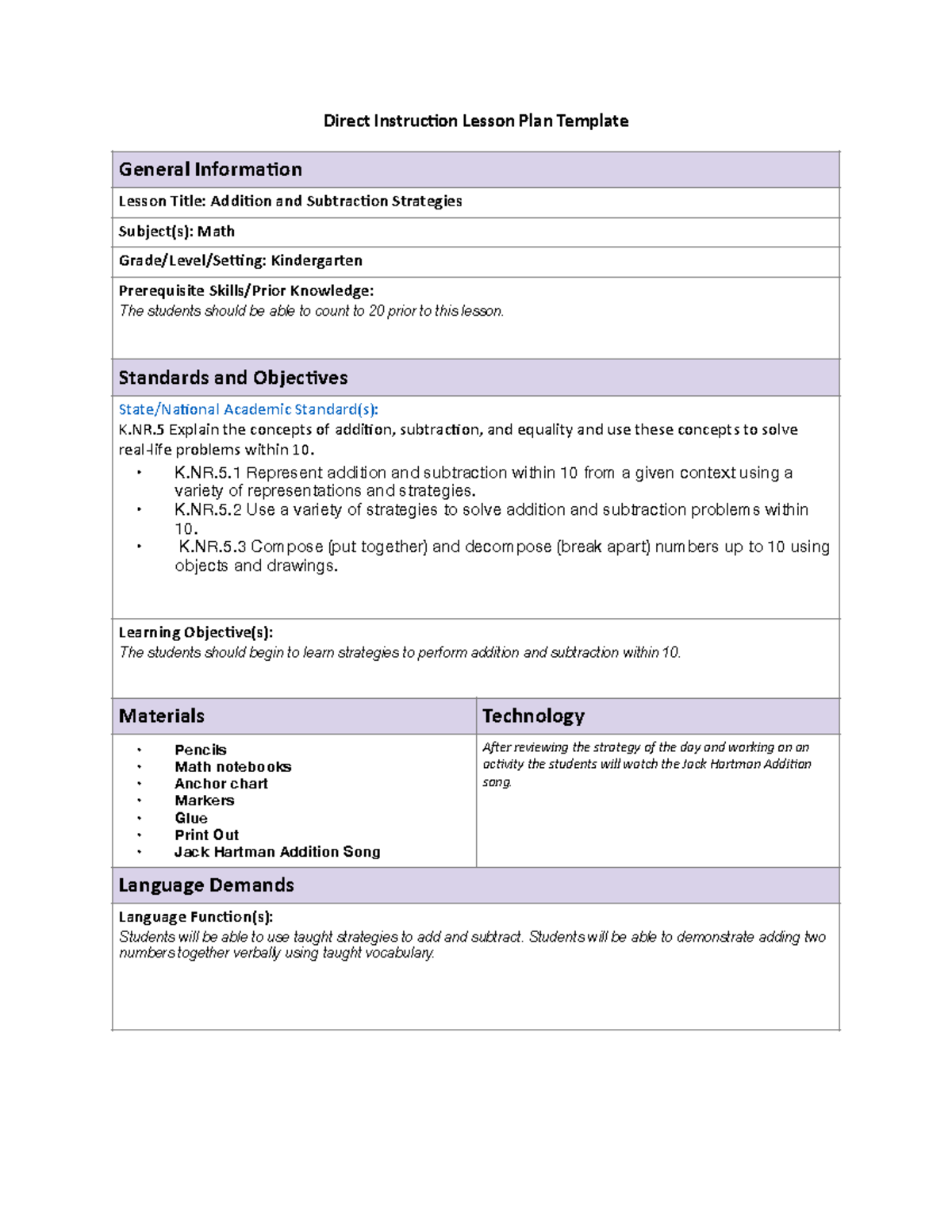 Curriculum Task ONe - Direct Instruc,on Lesson Plan Template General ...