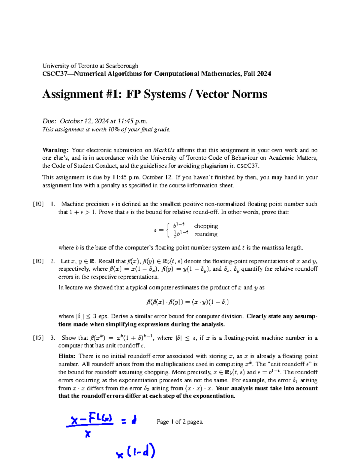 Assgn 1 - Assignment 1 - Floating point arithmetic - University of Toronto at Scarborough - Studocu