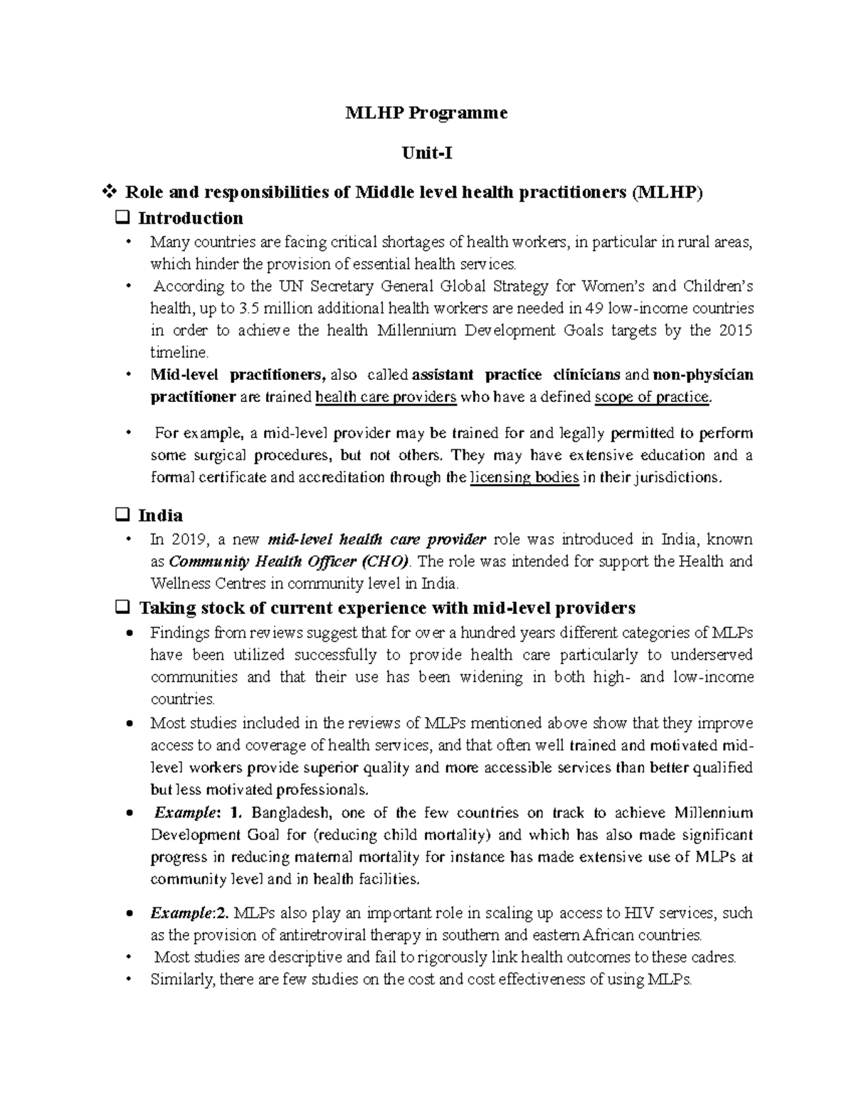 MLHP 14-10-22 - Mlhp - MLHP Programme Unit-I Role and responsibilities ...