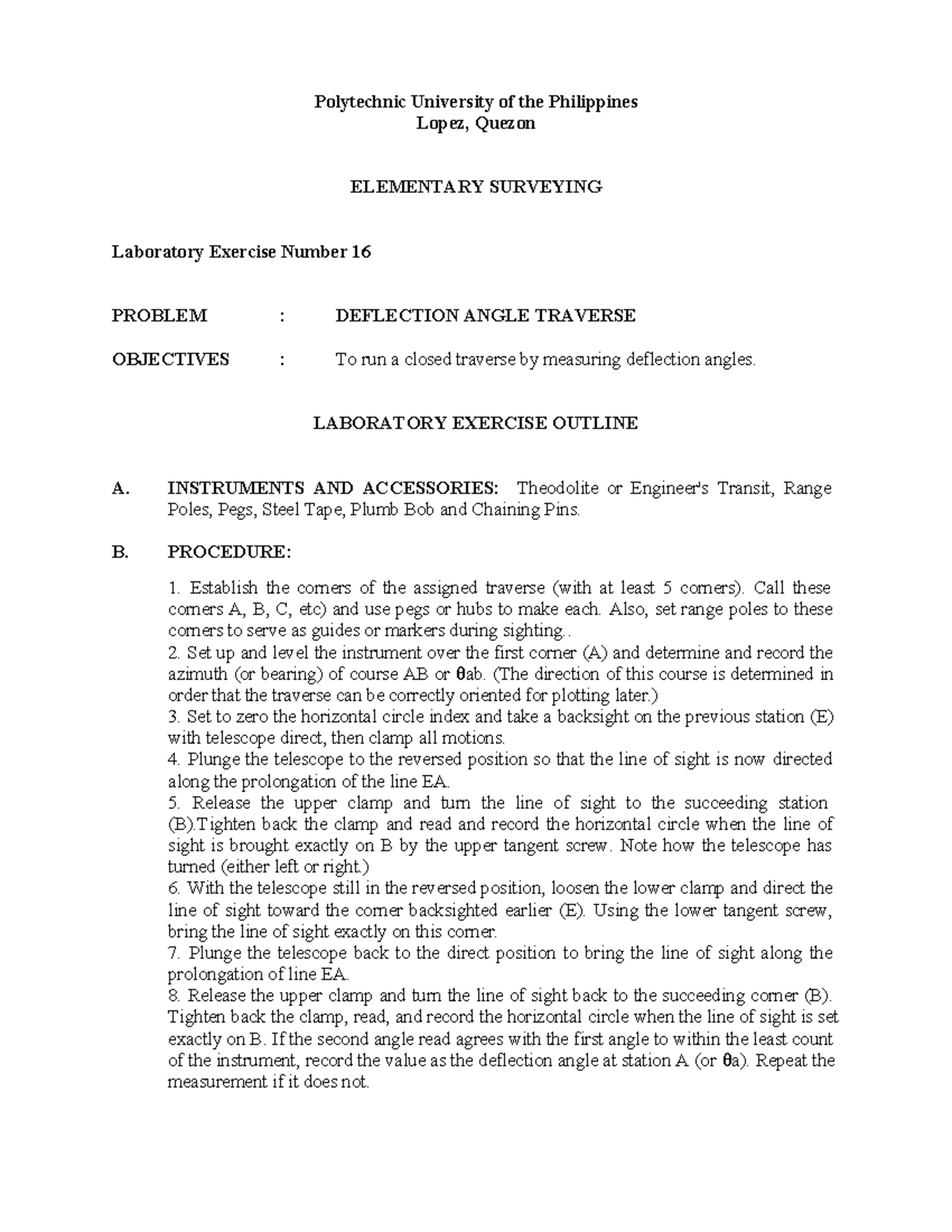 Lab 16 Deflection angle traverse - Polytechnic University of the ...