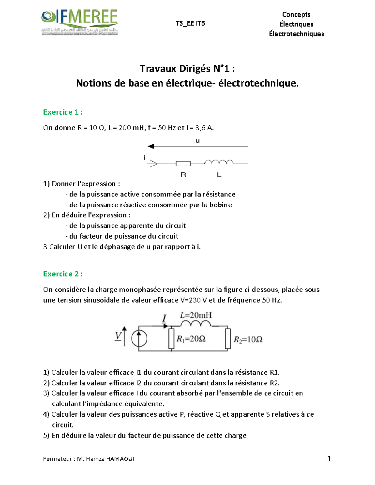 TD 1 - Notions de base électrique- électrotechnique - Électriques Électrotechniques TS_EE ITB ...