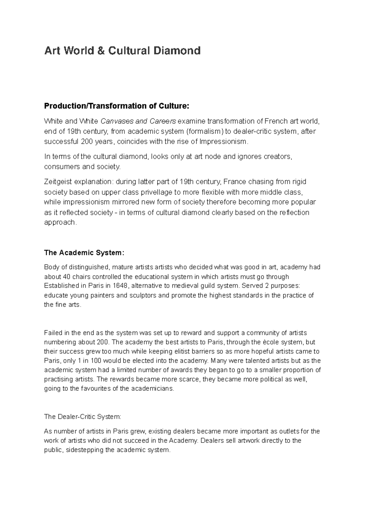 The Cultural Diamond - Lecture notes 7 - Art World & Cultural Diamond ...