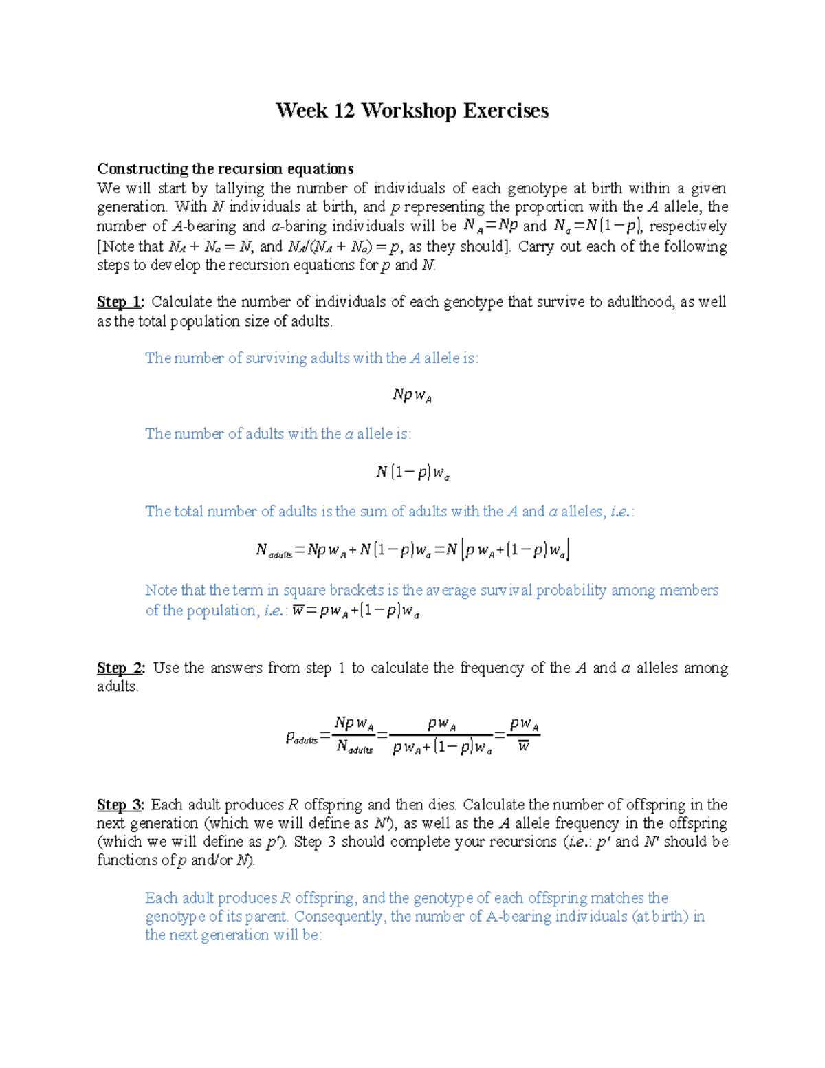 Week 12 Workshop Answers - Week 12 Workshop Exercises Constructing the recursion equations We ...