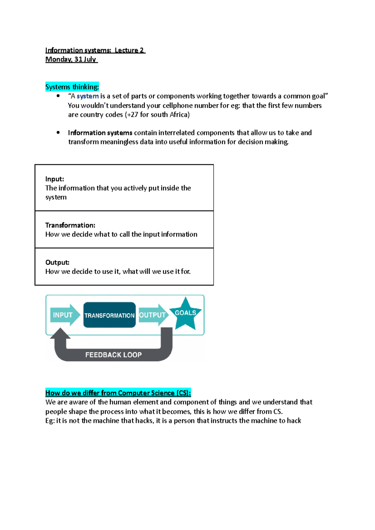 Information Systems Lecture 2 Information Systems Lecture 2 Monday 31 July Systems Thinking