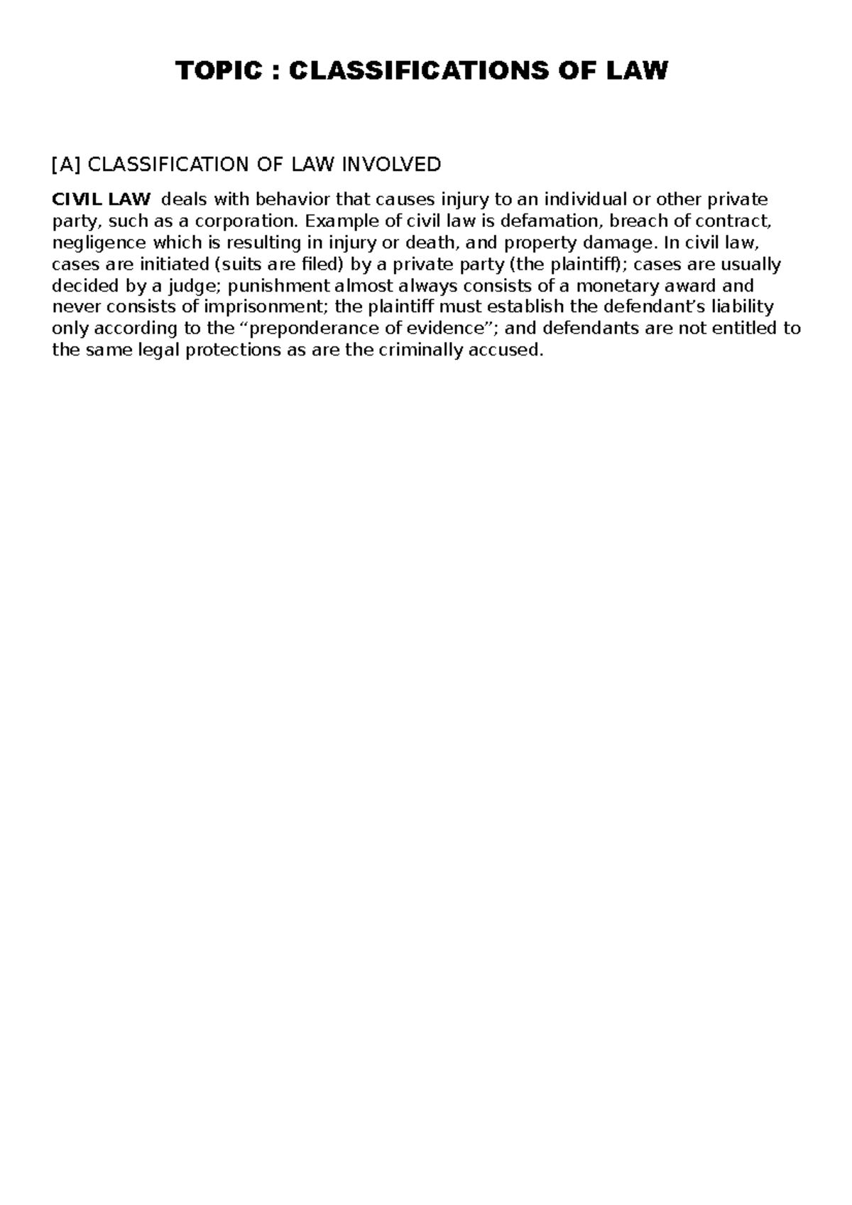 Civil LAW - international law - TOPIC : CLASSIFICATIONS OF LAW [A ...