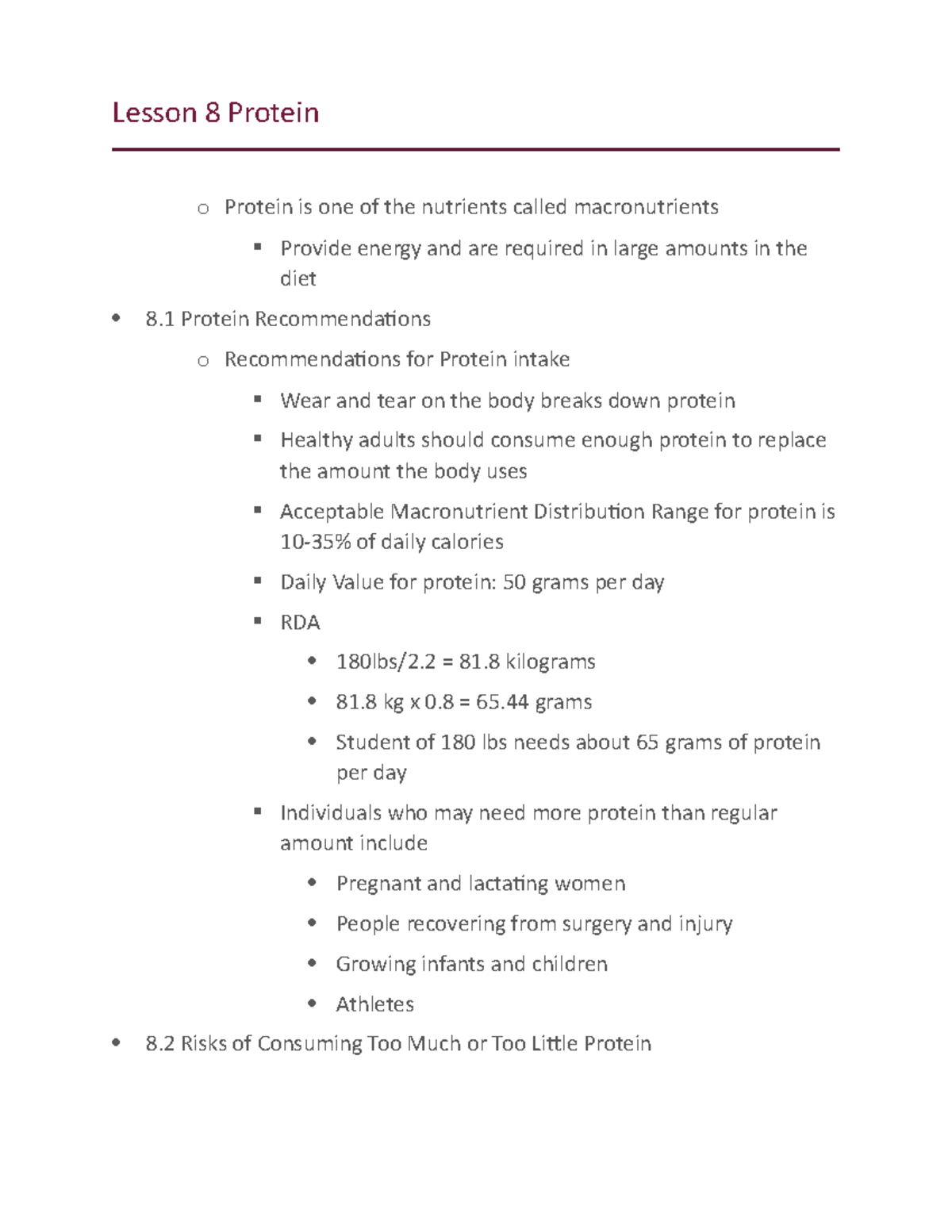 Lesson 8 - Lecture notes 8 - Lesson 8 Protein o Protein is one of the ...
