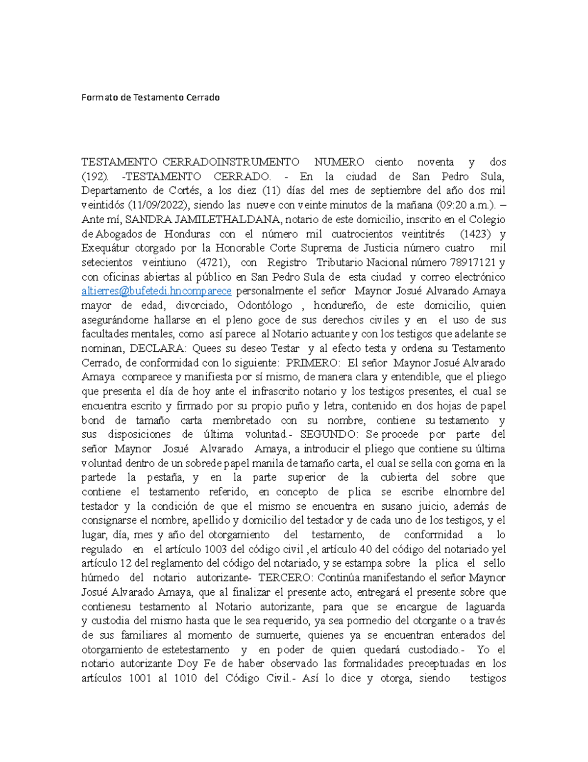 Formato DE Testamento Cerrado - Formato de Testamento Cerrado ...