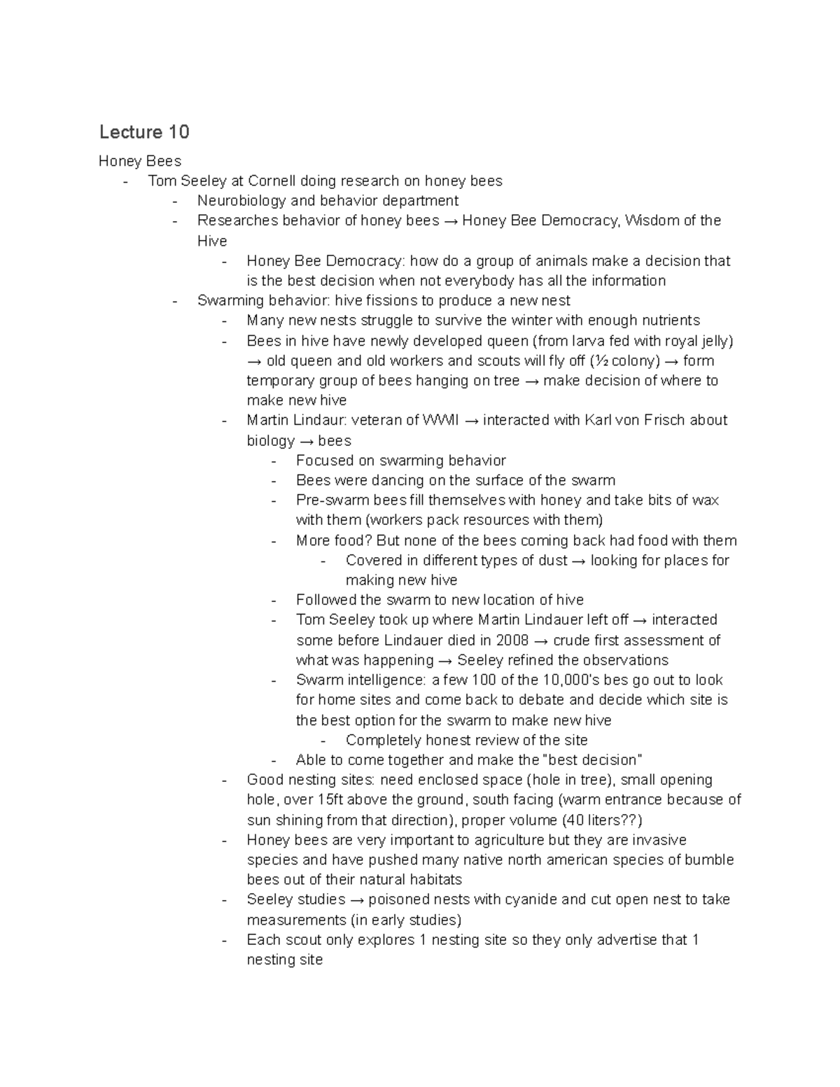 Neuro Bio Quiz 3 notes - Lecture 10 Honey Bees - Tom Seeley at Cornell ...