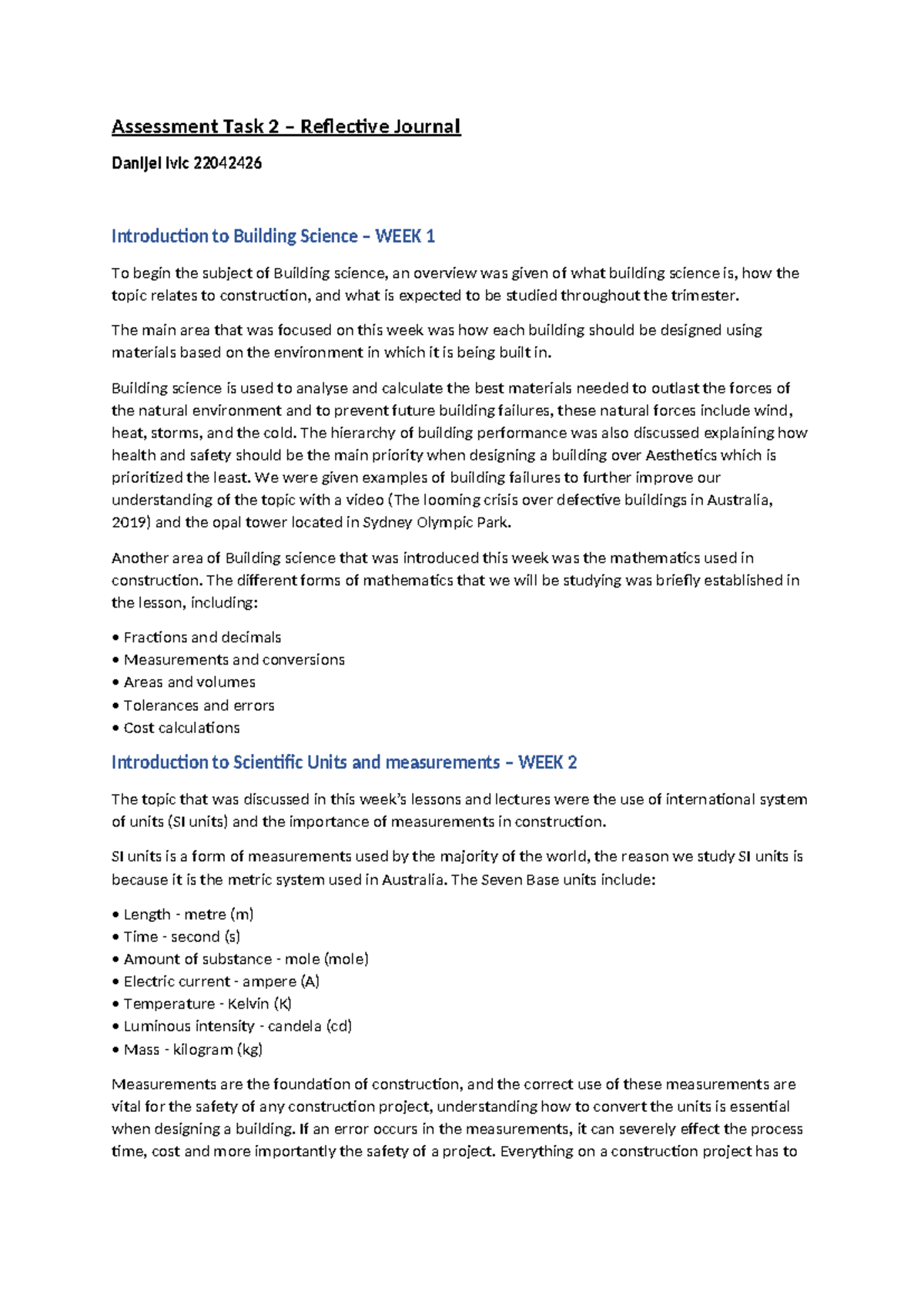 Building Science Journal - Assessment Task 2 – Reflective Journal ...