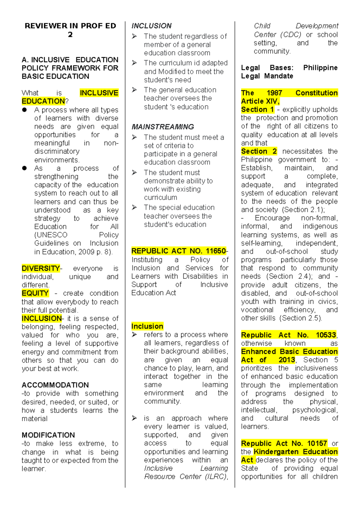 Reviewer IN PROF ED 2 - PROFEd 2 - REVIEWER IN PROF ED 2 A. INCLUSIVE ...
