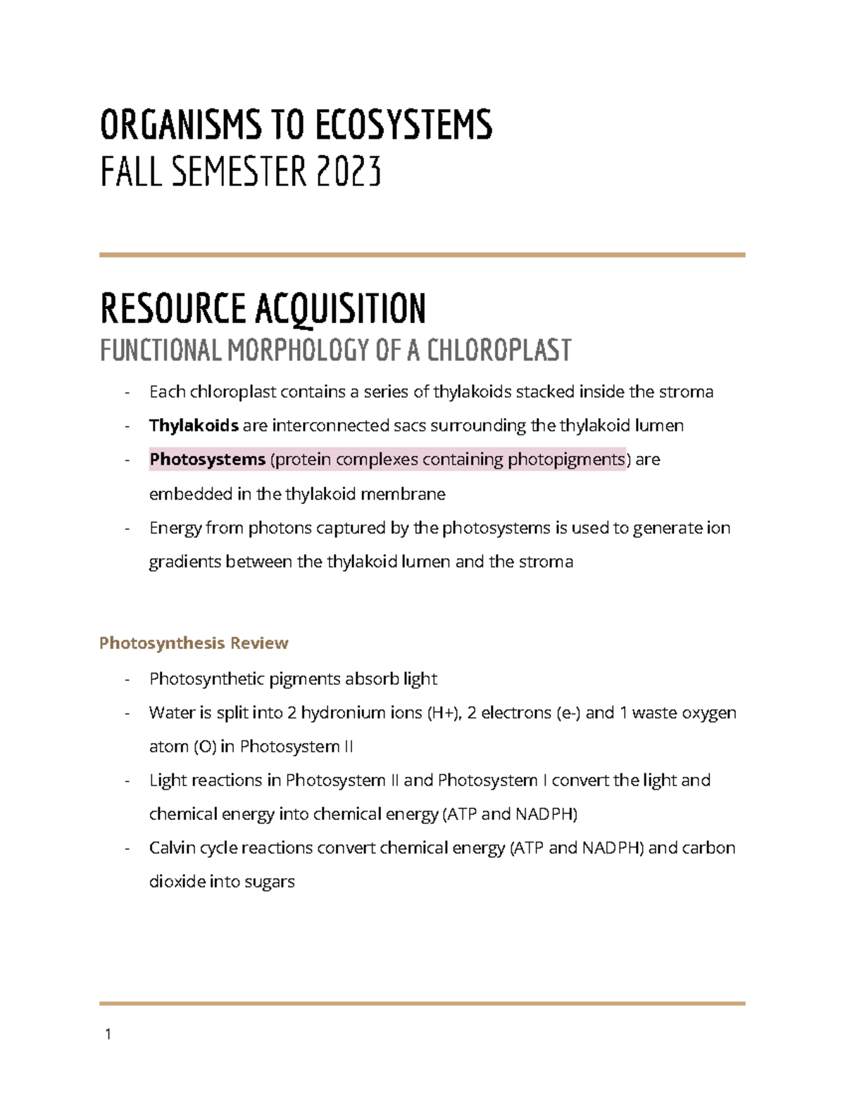 BIOL2102 Resource Acquisition - ORGANISMS TO ECOSYSTEMS FALL SEMESTER 2023 RESOURCE ACQUISITION ...
