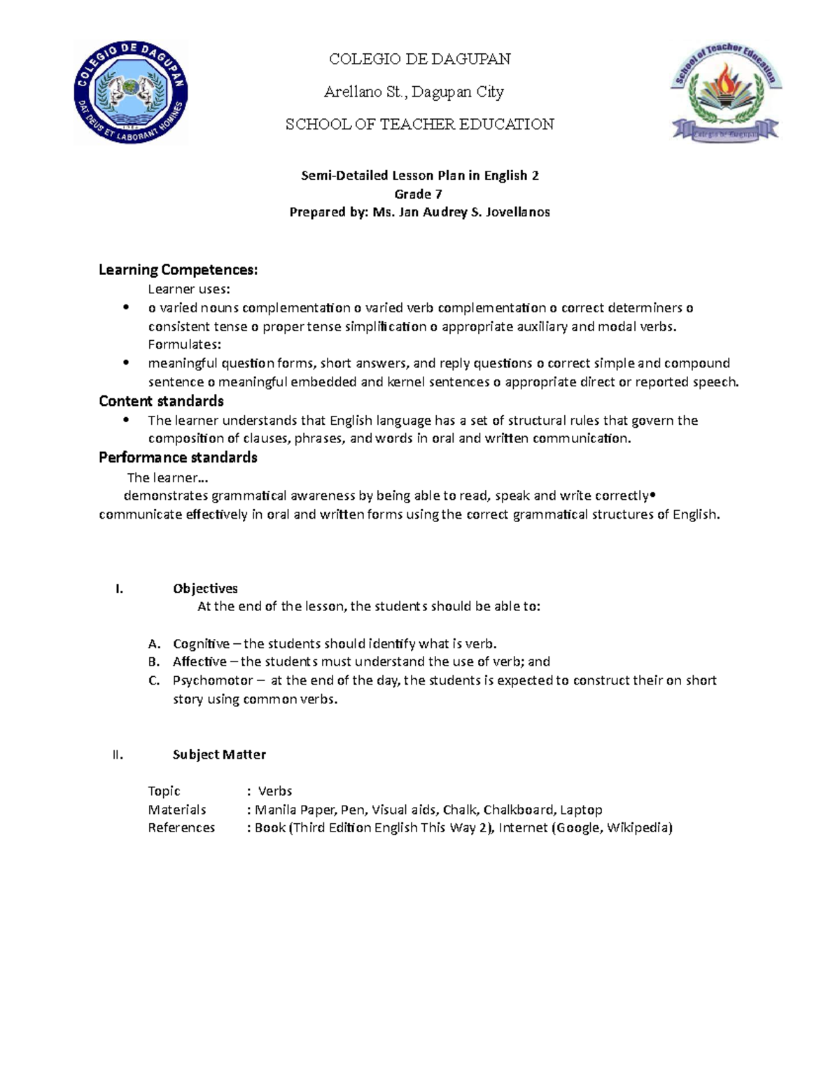 439109920 Detailed Lesson Plan Verb - Arellano St., Dagupan City SCHOOL ...