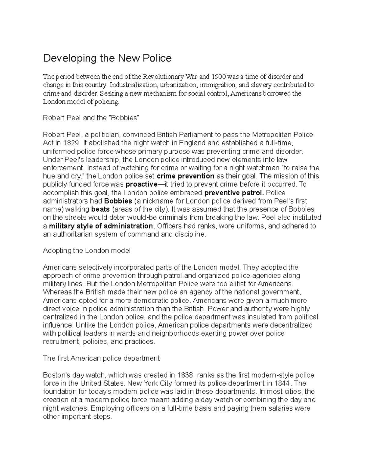 Crim - notes - Developing the New Police The period between the end of ...
