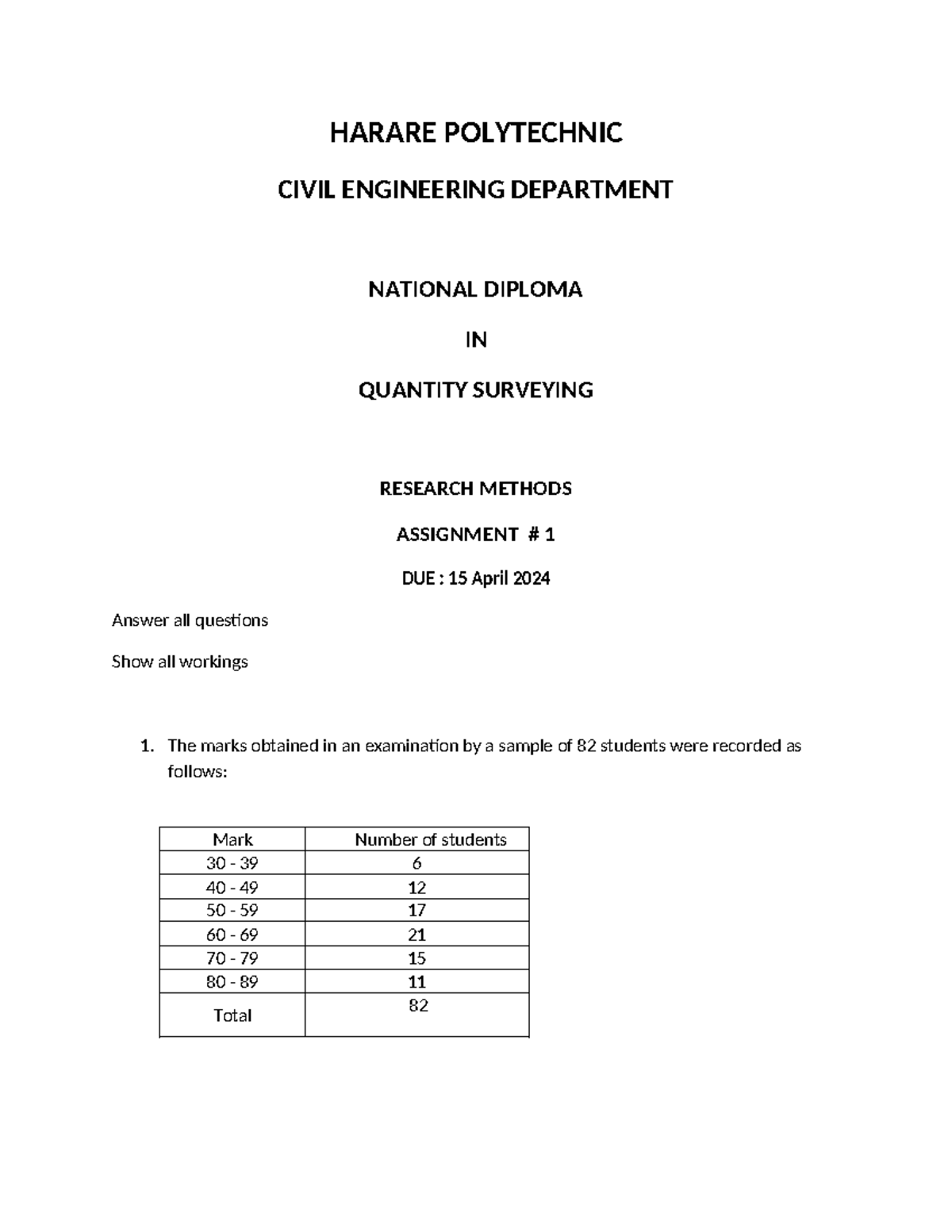 Research Methods Assignment 1-1 - Civil Engineering - HARARE ...