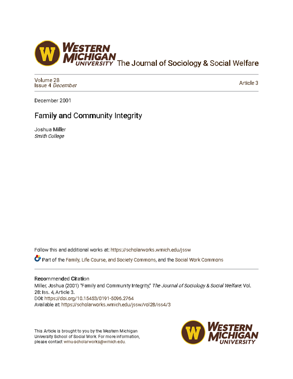 Family and Community Integrity - The Journal of Sociology & Social ...