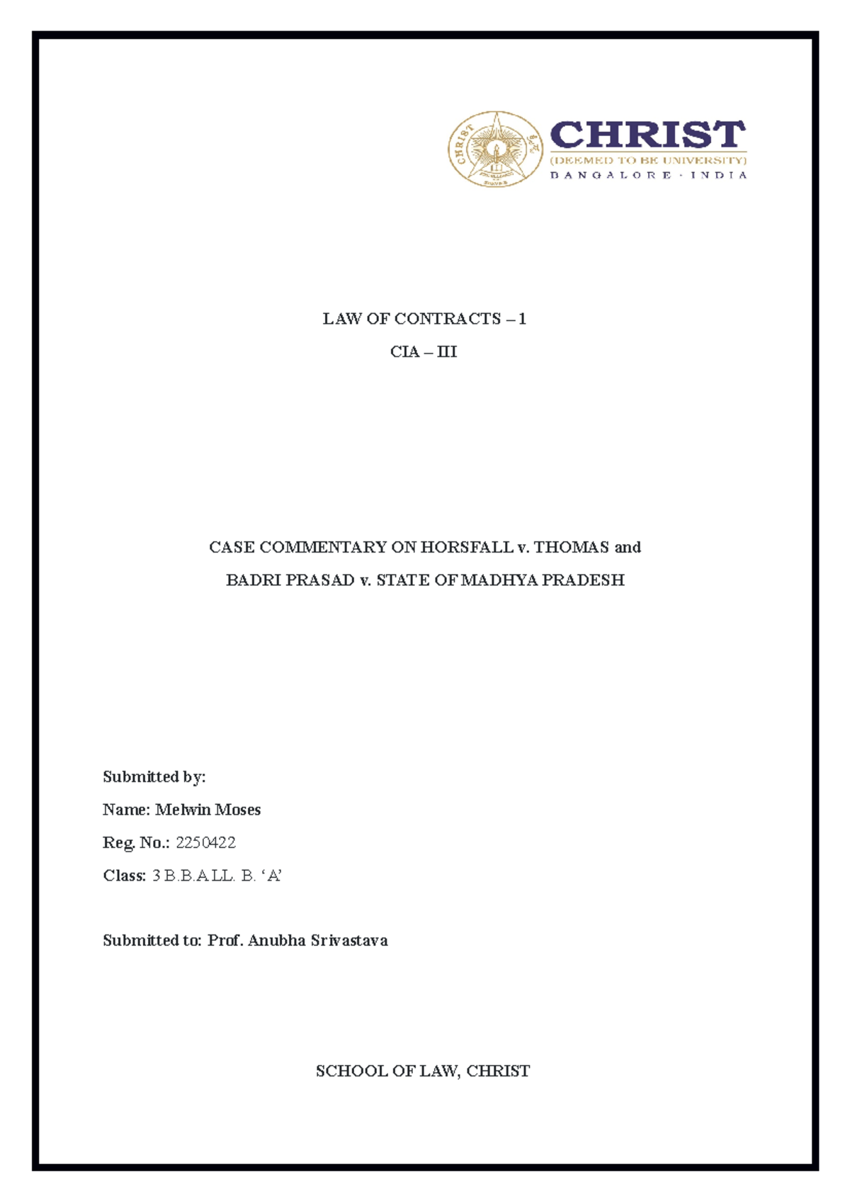 Contract Melwin - my notes - LAW OF CONTRACTS – 1 CIA – III CASE ...