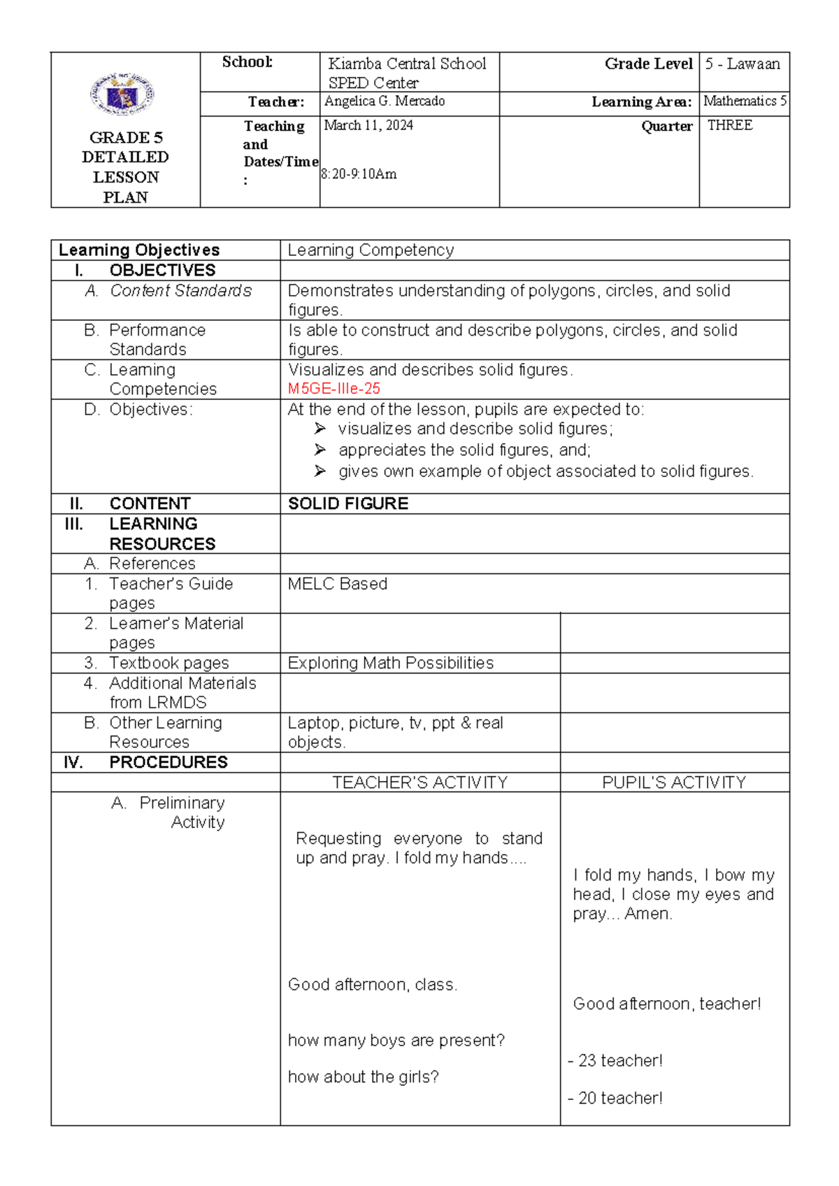 Math-Day-1 - POLYHEDRON - GRADE 5 DETAILED LESSON PLAN School: Kiamba ...