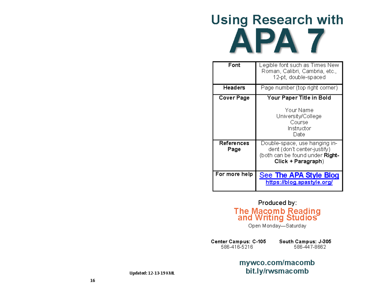 APA 7 Quick Booklet - 2020 - Updated: 12- 13 - 19 KML Using Research ...