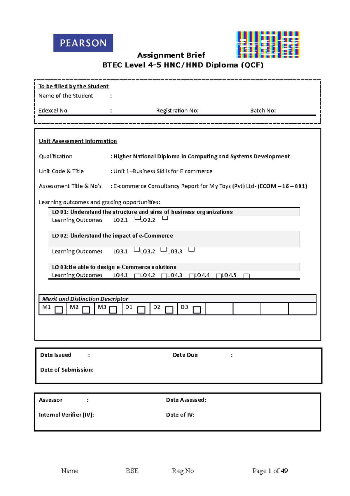 BSE - Ecommerce assignments - Assignment Brief BTEC Level 4-5 HNC/HND Diploma (QCF) To be filled ...