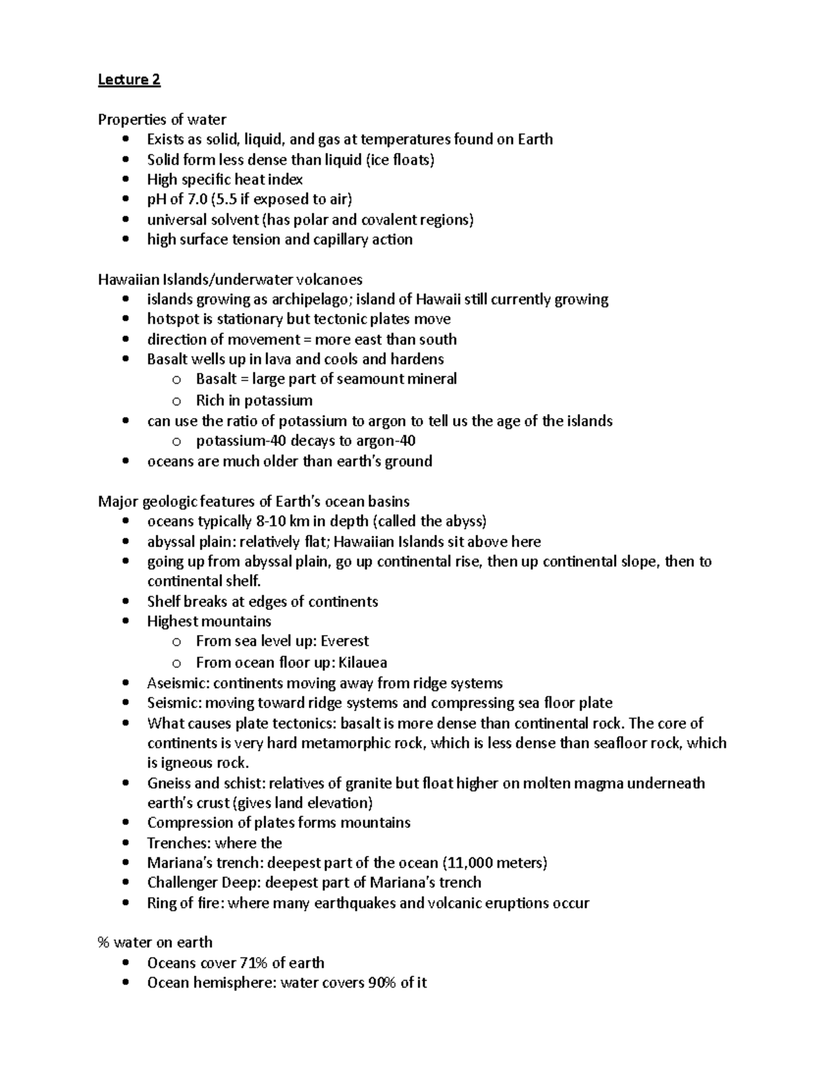 Exam 1 Outline - Lecture 2 Properties of water Exists as solid, liquid ...