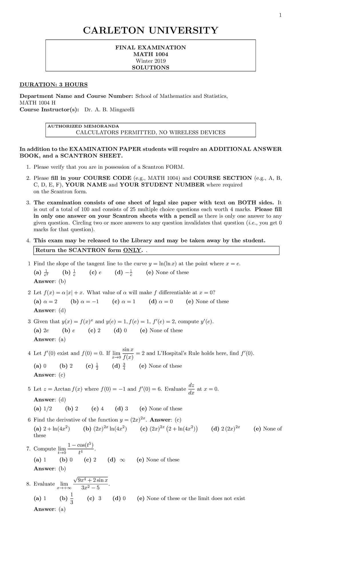 Final 17 April 2019, questions and answers - 1 CARLETON UNIVERSITY FINAL EXAMINATION MATH 1004 ...