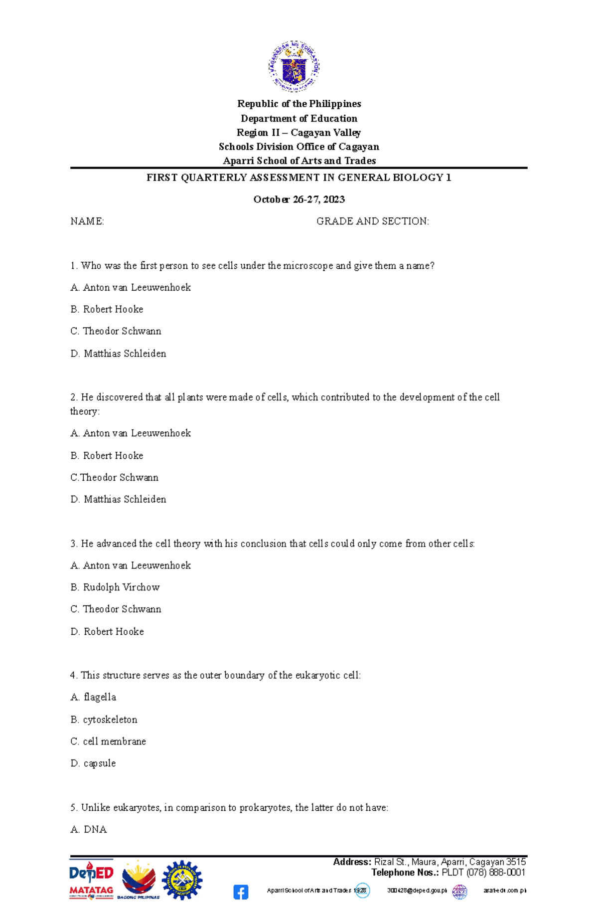 First Quarter TEST- Genbio 1 - Republic of the Philippines Department ...