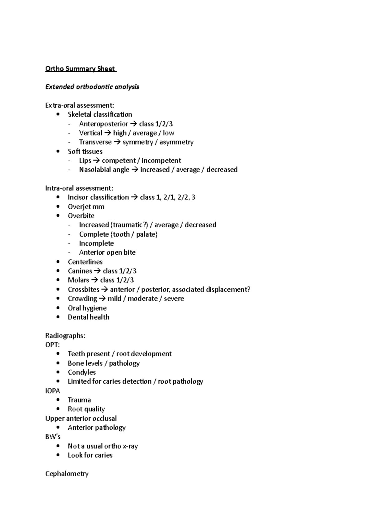 Ortho Summary Sheet - Ortho Summary Sheet Extended orthodontic analysis ...