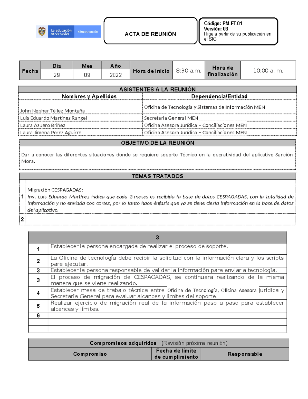 29-09-2022 ACTA Reunion Aplicativo SXM - ACTA DE REUNIÓN Código: PM-FT- Versión: 03 Rige a ...