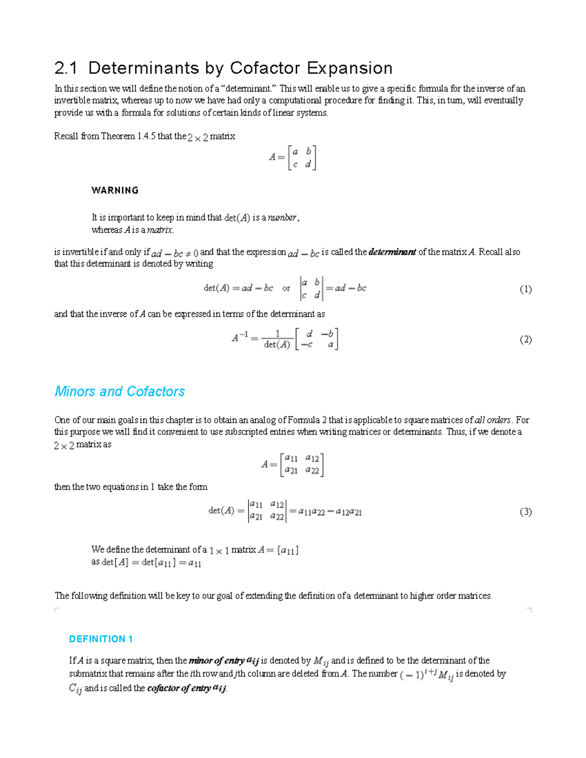 Determinants By Cofactor Expansion ” This Will Enable Us To Give A Specific Formula For The