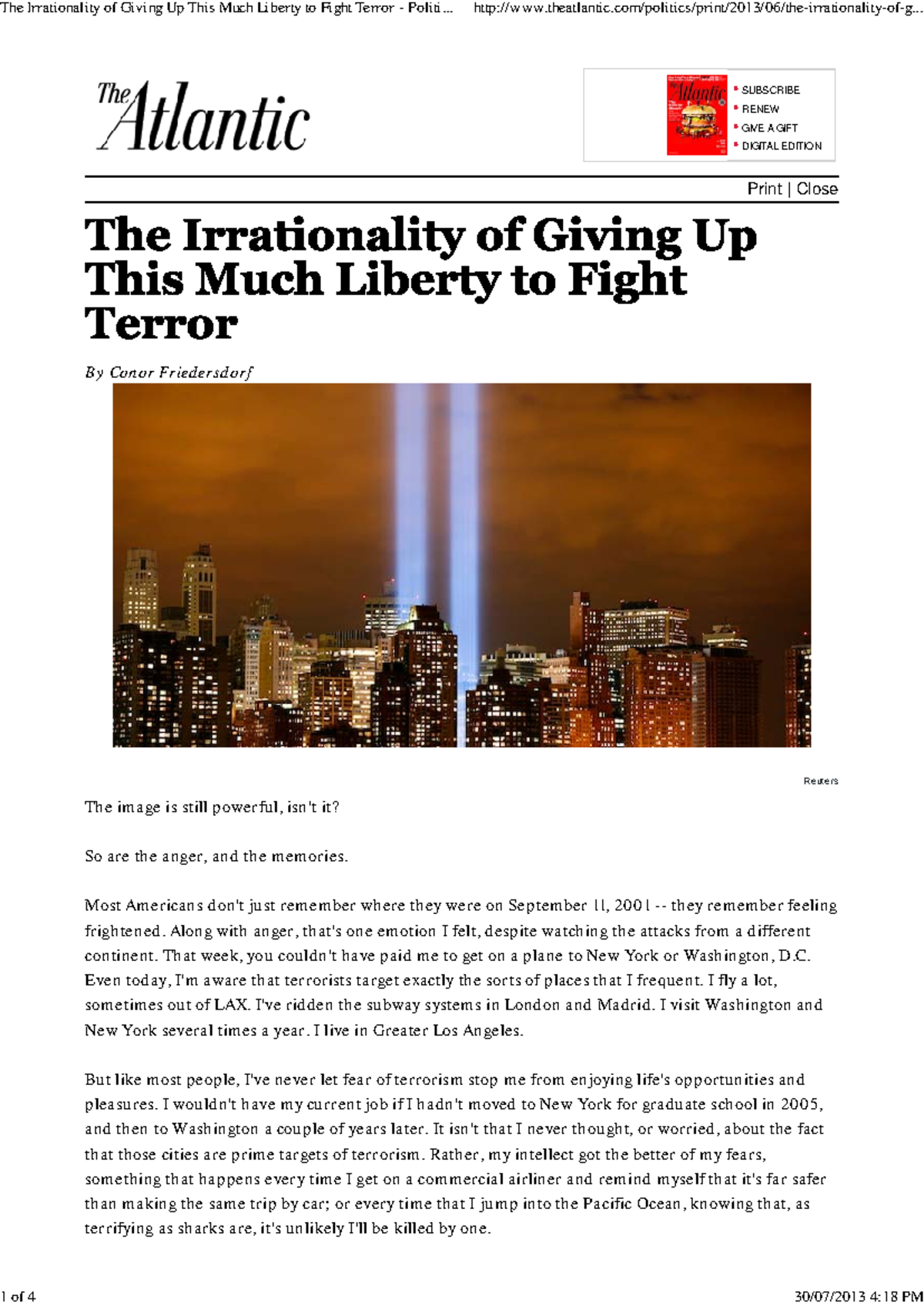 Liberty Versus Terror The Atlantic - • SUBSCRIBE • RENEW • GIVE A GIFT ...