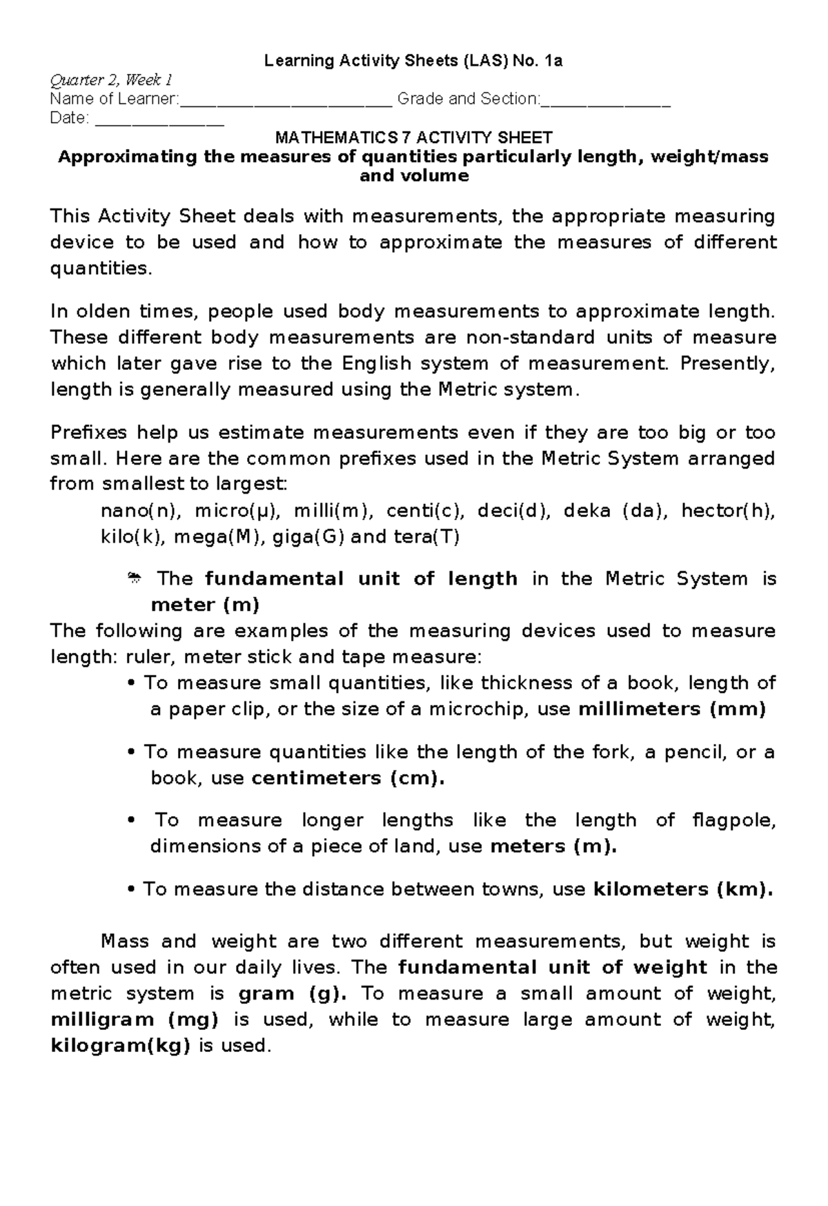 M7 Q2 Week 1 - Math Activity Sheet - Learning Activity Sheets (LAS) No ...