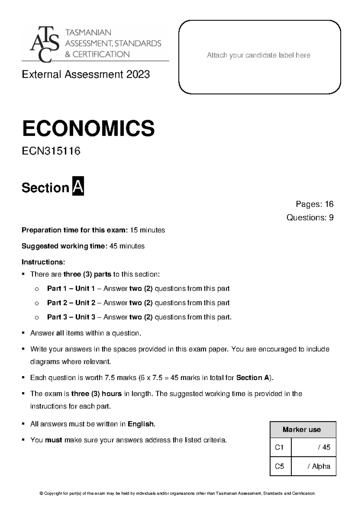 2023 Economics External Exam Paper - © Copyright for part(s) of this ...