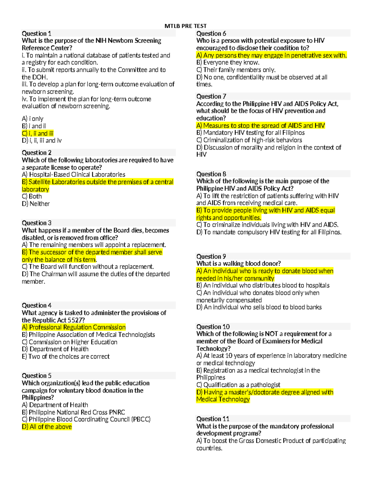 MTLB-PRE-TEST - Summary Medical Laboratory Science (MedTech) - MTLB PRE ...