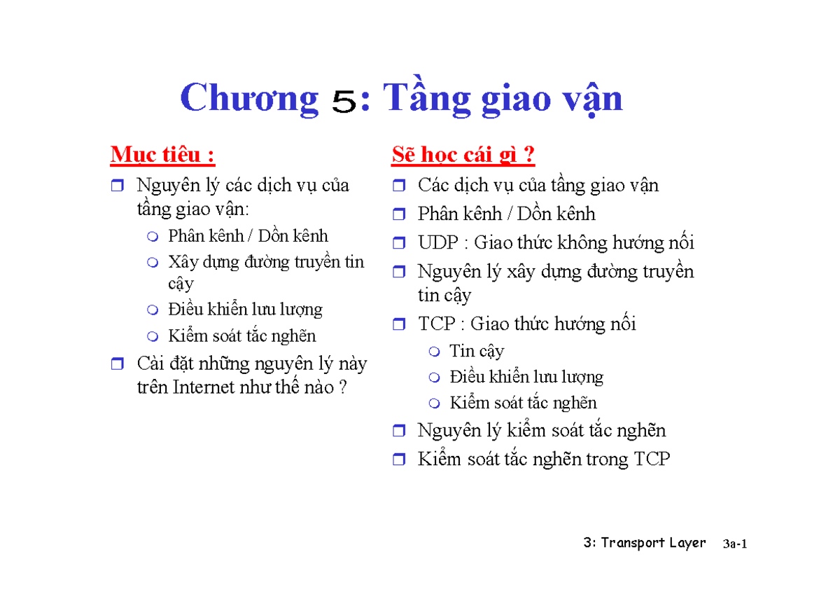 5 Computer Network C 5A transport layer - Chương : T ng giao v n M c tiêu : Nguyên lý các d ch v ...