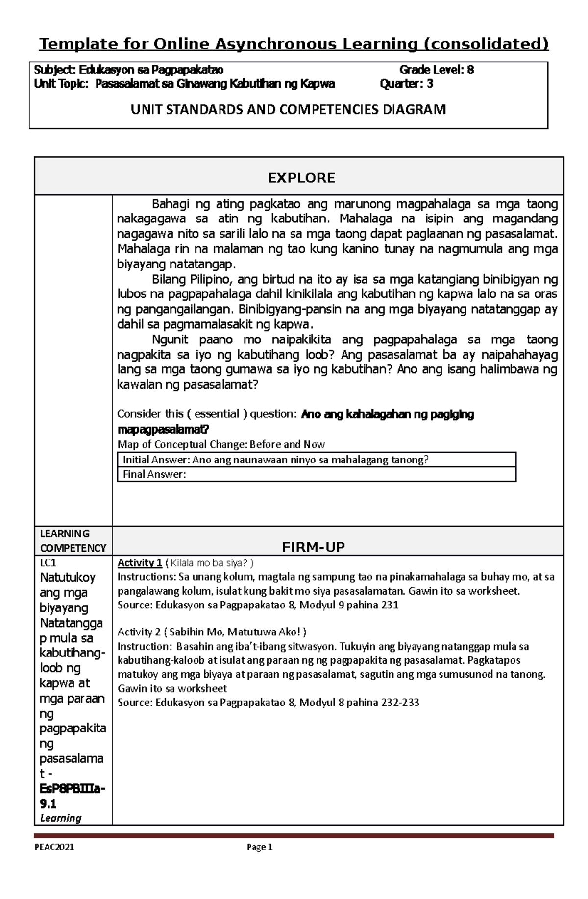 Unit Plan in Es P 8 - N/A - Template for Online Asynchronous Learning (consolidated) Subject ...
