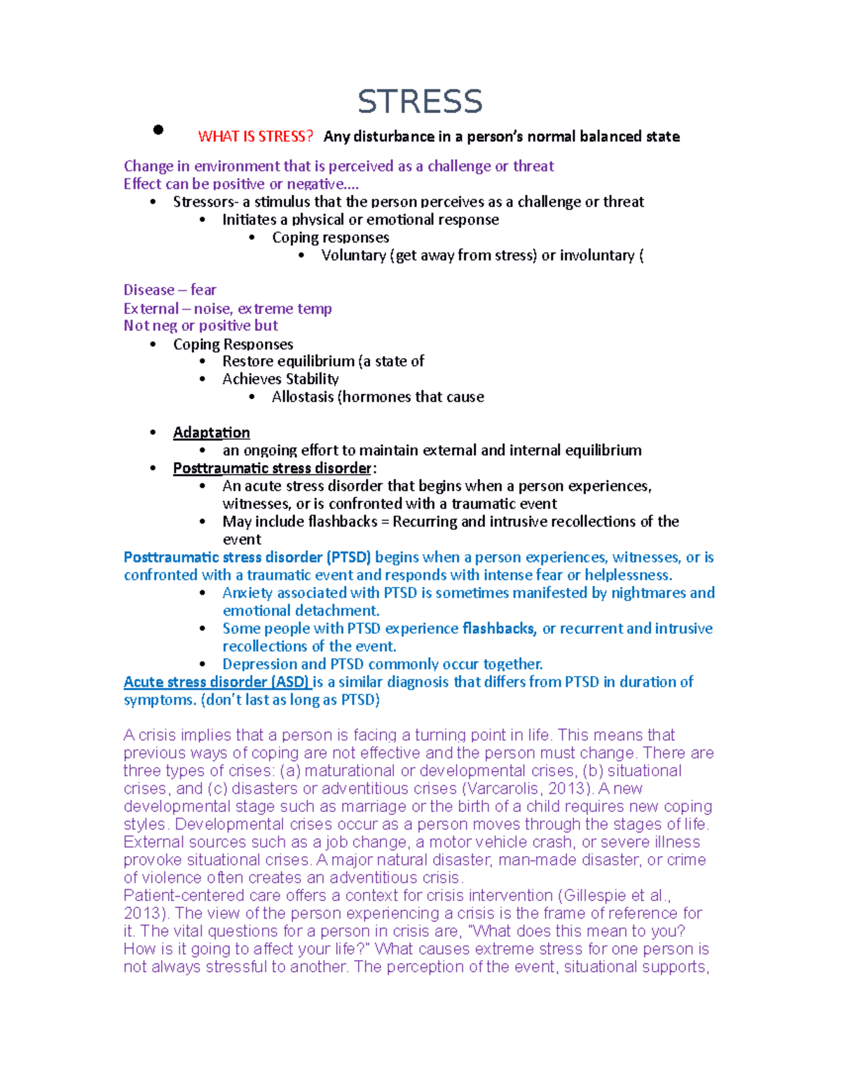 Exam 5 study Stress - STRESS • WHAT IS STRESS? Any disturbance in a ...