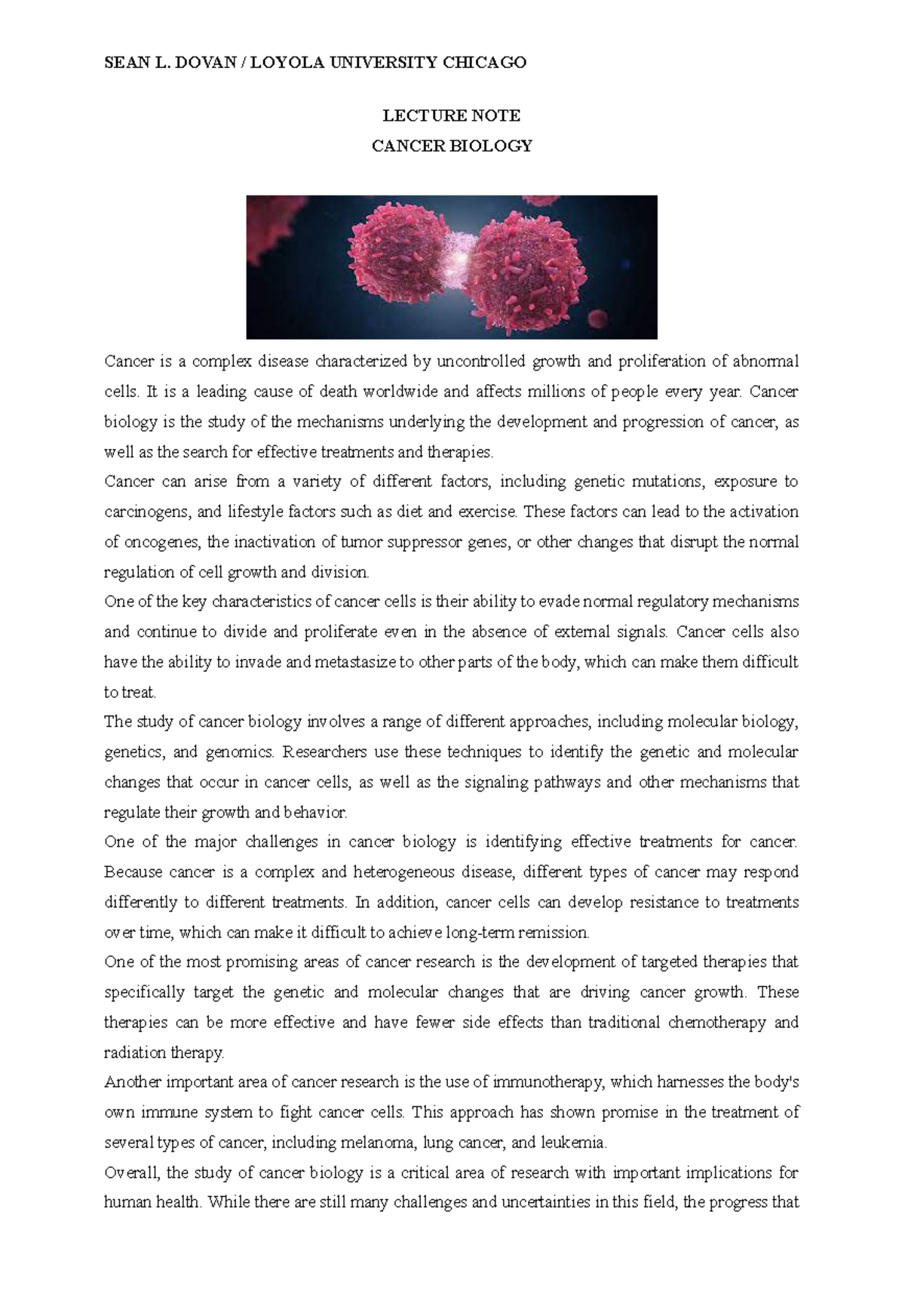 Lecture NOTE Cancer Biology - SEAN L. DOVAN / LOYOLA UNIVERSITY CHICAGO ...