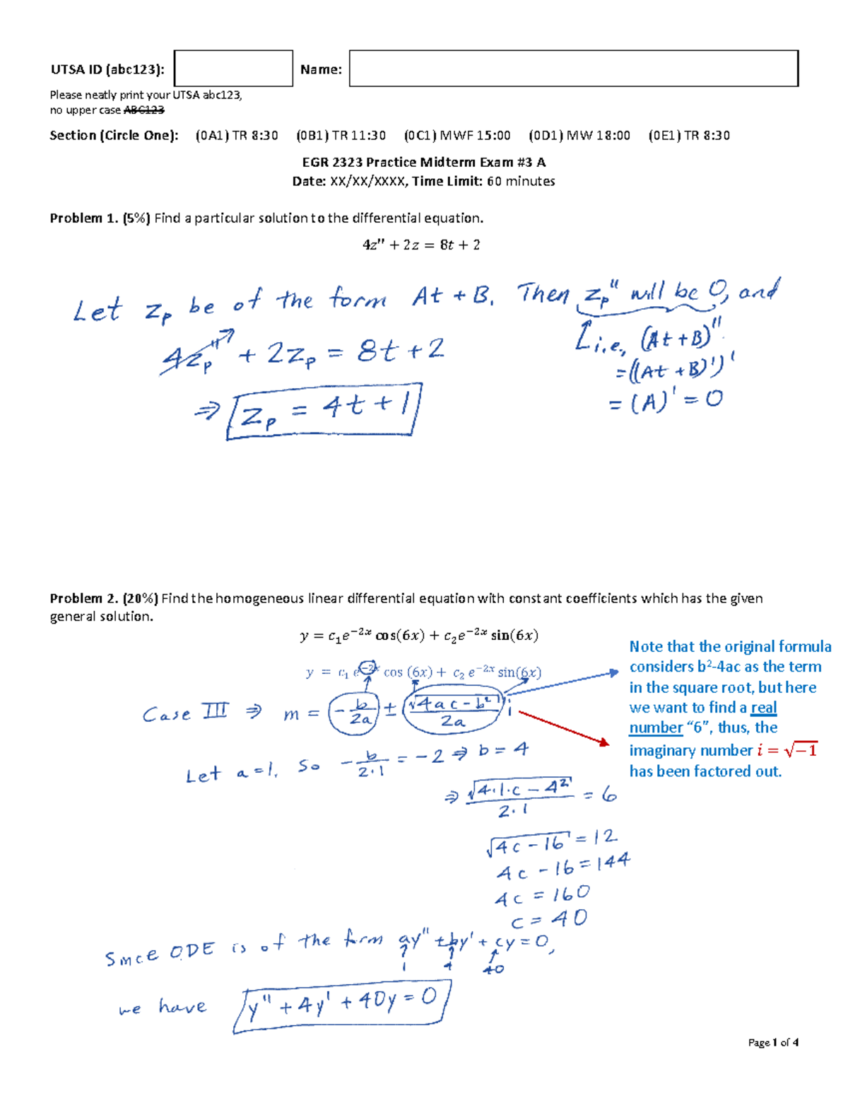 Practice Midterm Exam #3 A - Solution Key - UTSA ID (abc123): Name ...